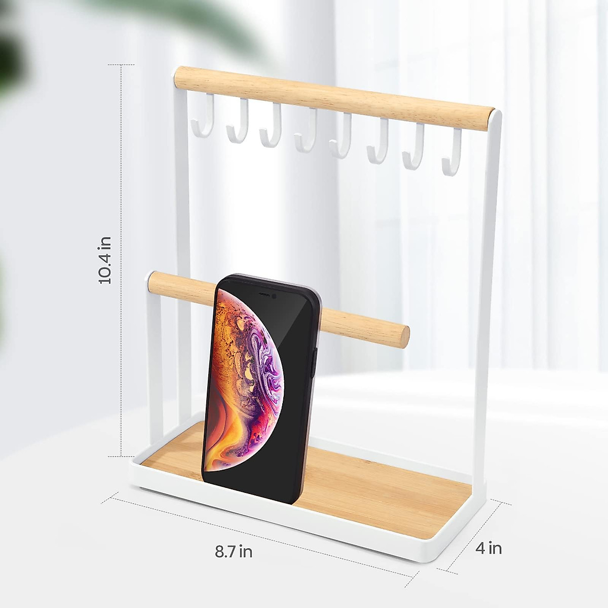 Portin Jewelry Organizer Display Stand Holder with Wooden Ring Tray and Hooks Storage Necklaces Bracelets, Rings, Watches Metal Desk Organizer Stand