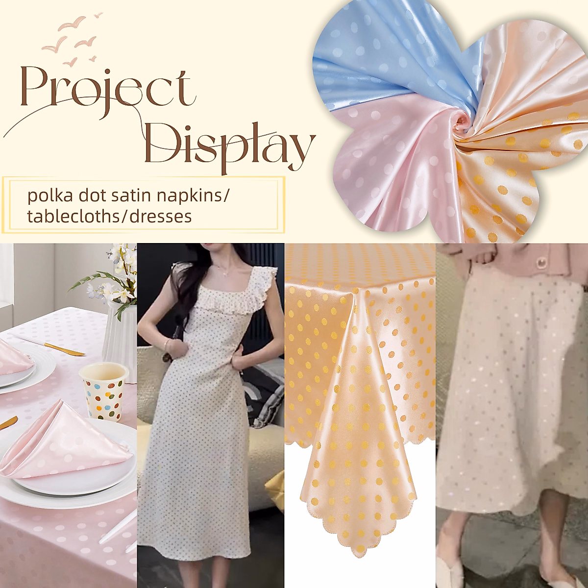 MaiMaiSuan 60’’ Wide Blush Pink Polka Dot Satin Jacquard Fabric by The Yard Soft Shiny Silky Satin Fabric for Sewing, DIY Crafts, Costumes,Decoration,Bridal Dress,1 Yard