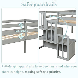 CITYLIGHT Low Loft Bed with Staircase,Twin Size Kids Loft Bed with Step Storage,Wood Loft Bed Frame Twin with Safety Guardrails for Girls, Boys,Grey