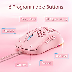 DIERYA M1SE Wired Gaming Mouse with Honeycomb Shell, 12800DPI Optical Sensor, 6 Programmable Macros, Software Support for Custom Key Config, and RGB Settings for Windows 7/8/10/XP, Vista, Linux-Pink