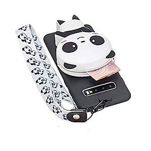 Girlyard for Samsung Galaxy S10 Plus Silicone Case with 3D Cartoon Animal Zipper Wallet Purse Stand Holder Cover and Long Detachable Lanyard Strap Phone Case for Kids Girls,Black Panda
