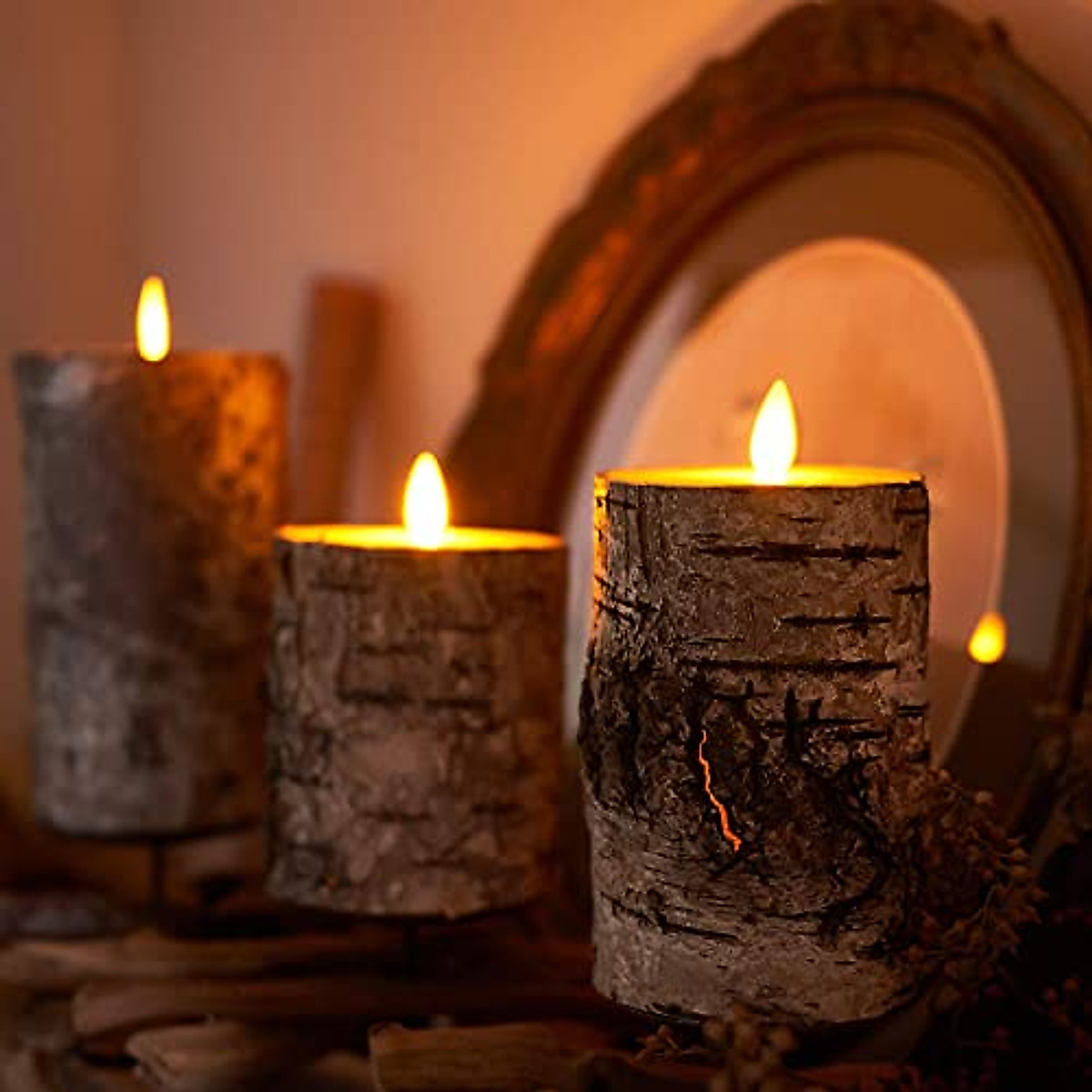 Incredle Birch Flameless Candles Moving Flame Battery Operated Candles Set of H4 5" 6" xD3 Real Wax Flickering LED Pillar Candles with 10 Key Remote Timer