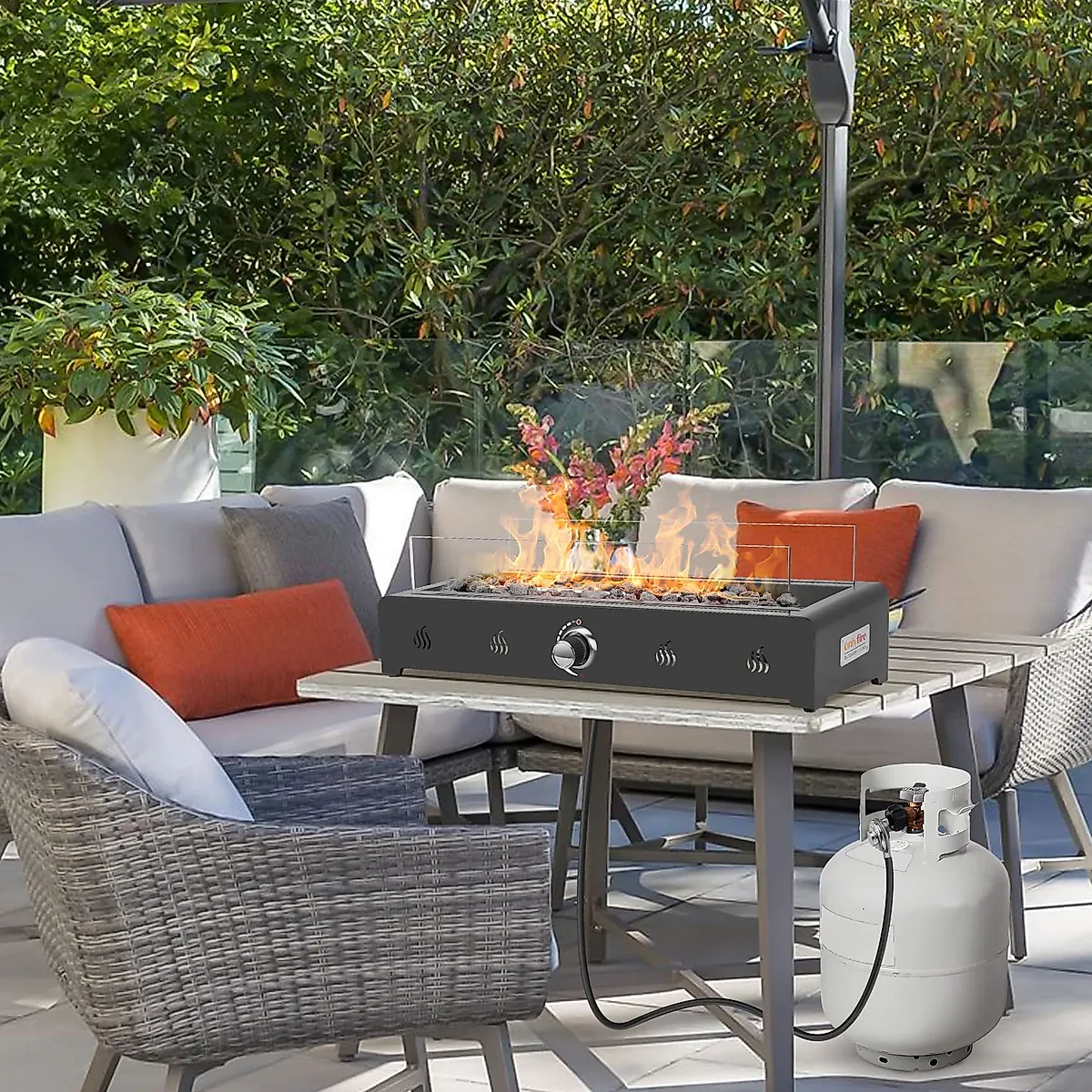 Onlyfire 28'' Tabletop Fire Pit Table, Propane Fire Pit with Bottom Air Intake, Glass Wind Guard and Fire Glass, Outdoor Rectangular Smokeless Fire Table