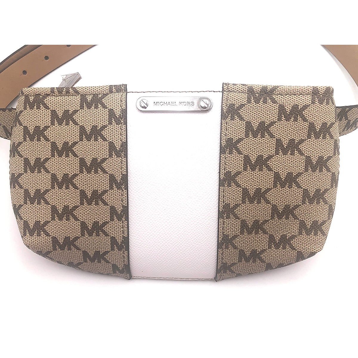 Michael Kors 556137C Brown/Khaki/White Logo Design With Silver Hardware Women's Adjustable Belt Bag Waist Pack (L/XL)