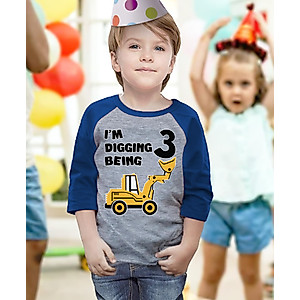I'm Digging Being 3 3rd Birthday Shirt Boy Construction Kids Raglan T-Shirt Blue 3T