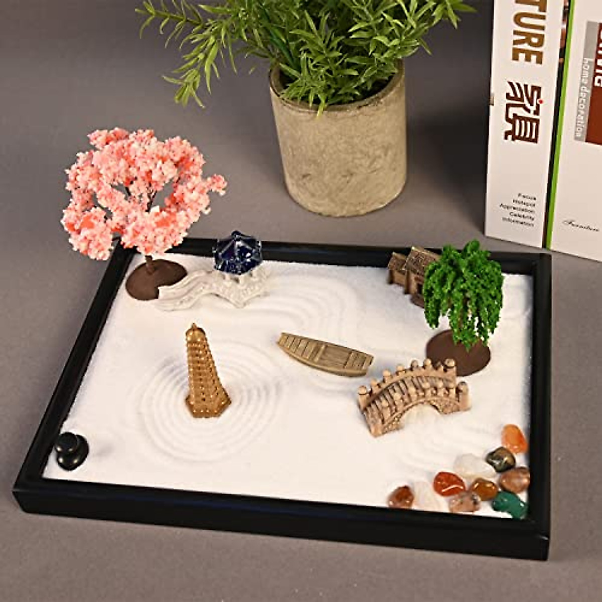 Yoquare Mini Zen Garden Kit - 10" x 7" Upgraded Zen Garden for Desk with 18 Accessories Sand Garden Decoration Included Sand Tray,Zen Garden Rake,Trees,Pagoda,Bridge,Pavilion,Boat Zen Gifts Women