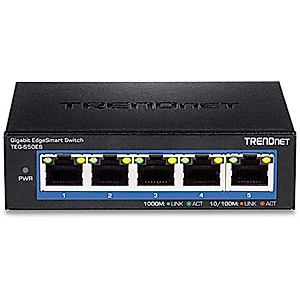 TRENDnet 5-Port Gigabit EdgeSmart Switch, TEG-S50ES, 5 x Gigabit Ports, 10Gbps Switch Capacity, Ethernet Splitter, Managed Smart Gigabit Switch, Metal, Fanless, Lifetime Protection, Black