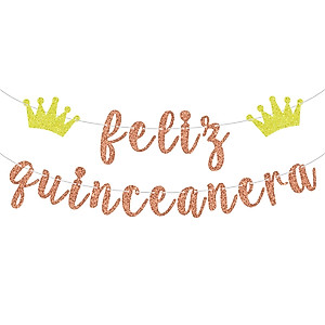 Rose Gold Glitter Feliz Quinceanera Banner, Happy Quinceanera/Princesa De Quince/Mis Quince 15, Spanish 15th Birthday Party Decorations