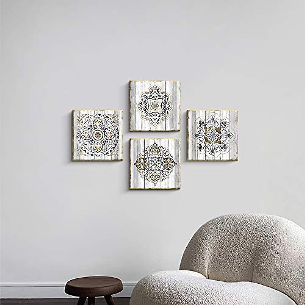 Kas Home Mandala Pattern Room Decor Boho Canvas Wall Art Prints Framed Pictures 4 Pieces Artwork for Living Room Bedroom Bathroom Kitchen Office Home Decoration (14 x 14 x 4, Black)