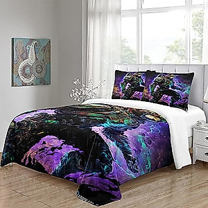 GEEYOU Cosmic Space Wolves 3D Print Quilt Cover Comforter Covers Duvet Cover for Teens and Adults Bedding Set with Pillow Cases with Zipper Closure Soft Microfiber 3 Pieces Queen（228x228cm）