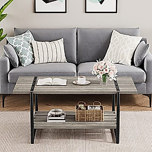 2-Tier Farmhouse 41'' Large Gray Wood Coffee Table with Storage Shelf -Modern Rustic Metal Rectangle Center Living Room Coffee Table Accent Furniture for Home Office,Easy Assembly