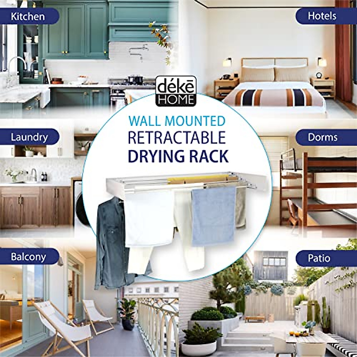 Wall mounted retractable clothing drying rack. Foldaway clothes rack. Collapsible folding hung indoor & outdoor. Space saver compact wall mount design. Foldable Hanging Racks for Laundry room (white)