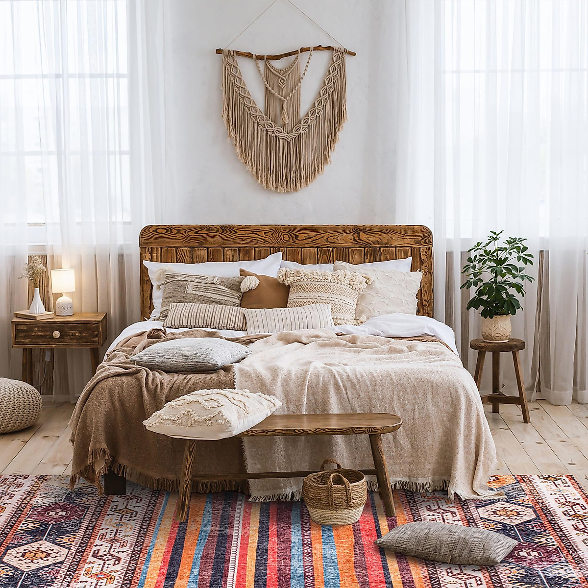 Washable Rug 6x9 Stripe Boho Area Rug, Vintage Living Room Rug Indoor Non-Slip Non-Shedding Soft Foldable Faux Wool Large Area Rug for Bedroom, Dining Room, Farmhouse, Kids Playroom(Cream/Mix)