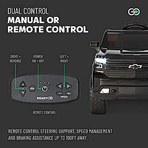 12V Chevy Silverado Ride On Truck with HIGH Speed Mode (5 MPH) & Parent Remote Control, Kid's Battery Powered Licensed Electric Vehicle, LED Lights, Real Tailgate, & Truck Sounds, by ReadyGO - Black