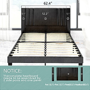 Queen Size Bed Frame, Faux Leather Upholstered Platform with Headboard (Black, Queen (U.S. Standard))