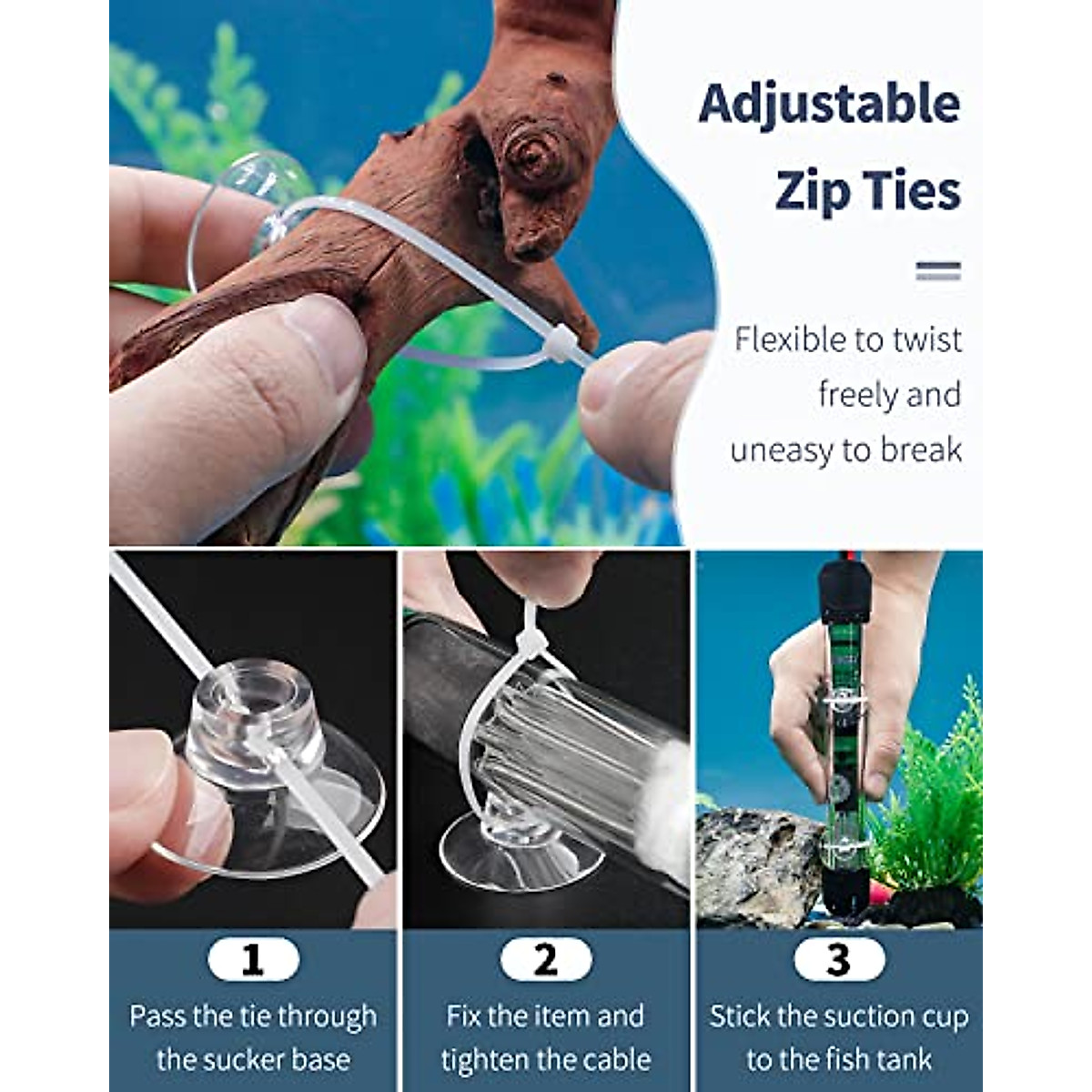 Pawfly 20 Pack Aquarium Suction Cups with Clips and Adjustable Zip Ties Cables Fish Tank Tools for Binding Moss Holding Airline Tubing Decorations Shrimp Nests and Reptile Hammocks