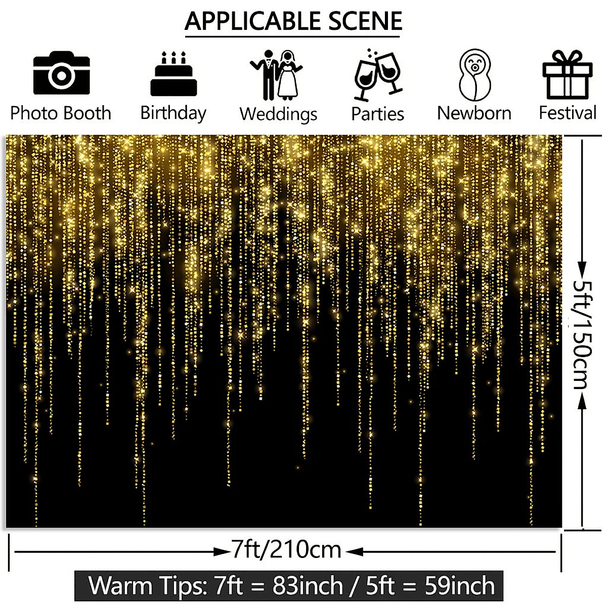ASOONYUM 84"x60" Gold Glitter Backdrop Golden Black Birthday Party Background for Photography Women Men GIirl Sweet 16th 18th 40th Baby Shower Happy Birthday Banner Kids Portraits Photo Props
