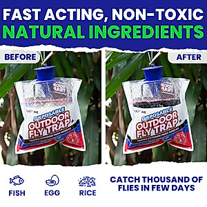 Fly Trap Outdoor Hanging Fly Catcher. 4 Pack Disposable Outdoor Fly Bags with Fly Bait Repellent and Blue Fly Attractant Lure. Fly Trapper Helps Control Horse Flies in Barns or Ranch