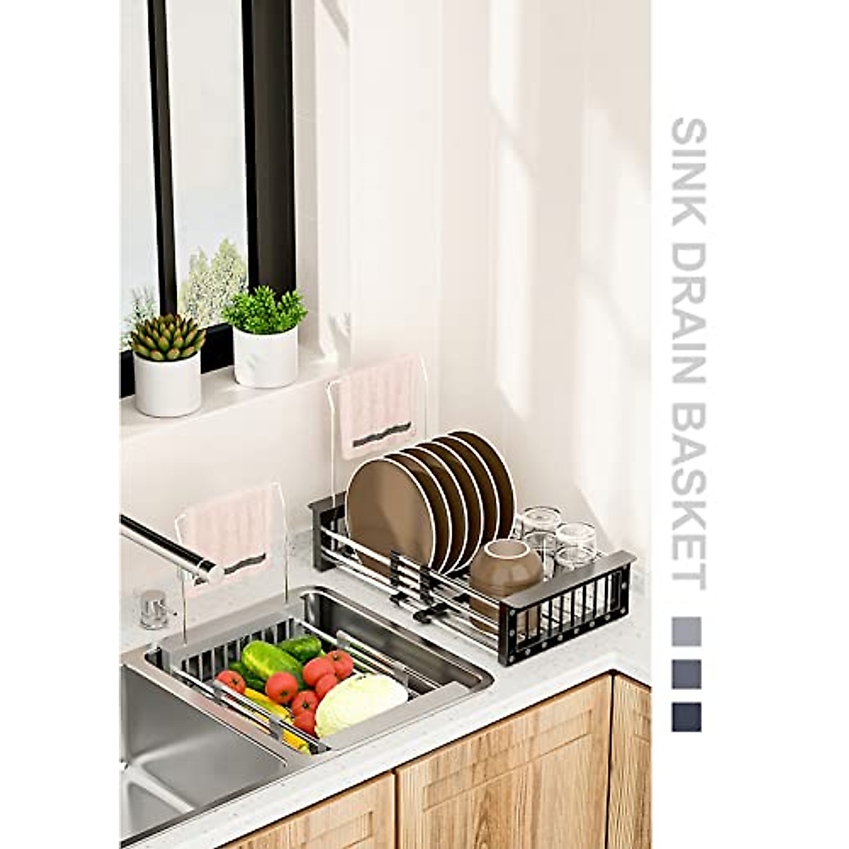 GULICA Dish Drying Rack Black, Adjustable Stainless Steel Drainer Basket Drain Tray for Dish Vegetable Fruit, 18.2" x 8.9", On or in Sink Kitchen Basket Dish Drying Rack