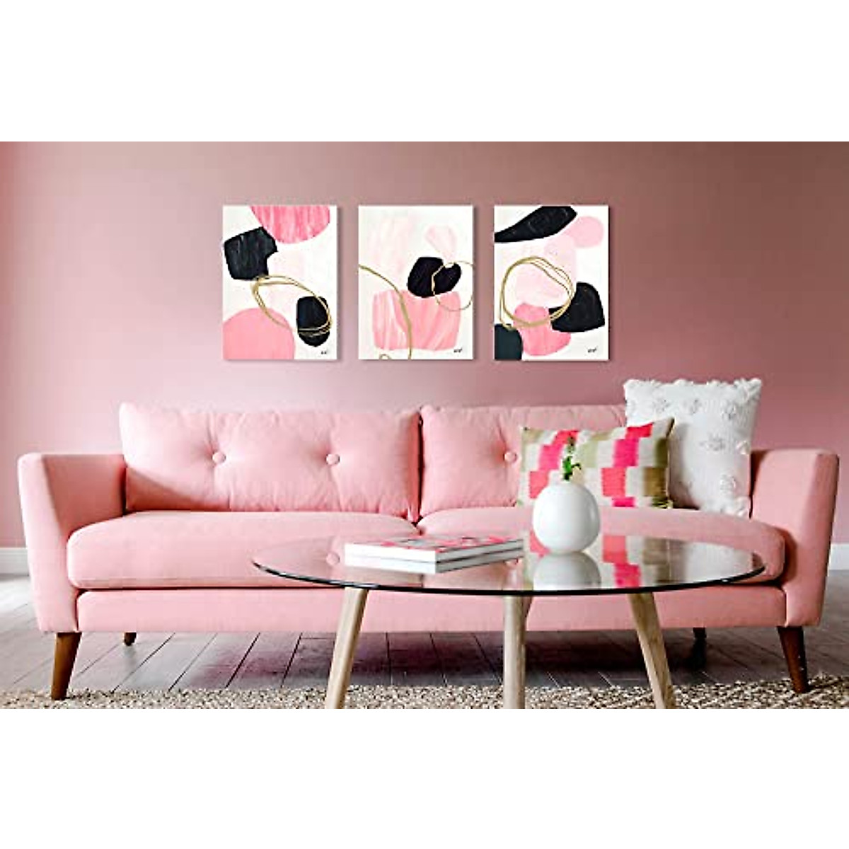 B BLINGBLING 3 Framed Pink Wall Decor: Blush Pink and Black Room Decor Black Pink Gray Gold White Abstract Canvas Art for Girls Bedroom Bathroom Office Living Room Home Decorations 12"x16"x3 Panels