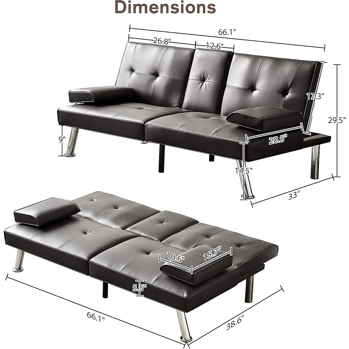 Convertible Folding Futon Sofa Bed Sleeper Couch for Living Room, Modern Faux Leather Upholstered Loveseat w/Removable Armrests, Metal Legs, 2 Cup Holders, Love Seat Sofa Bed for Small Spaces (Brown)