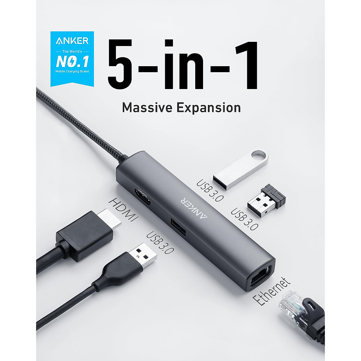 Anker USB C Hub Adapter, 5-in-1 USB C Adapter with 4K USB C to HDMI, Ethernet Port, 3 USB 3.0 Ports, for MacBook Pro, iPad Pro, XPS, Pixelbook, and More