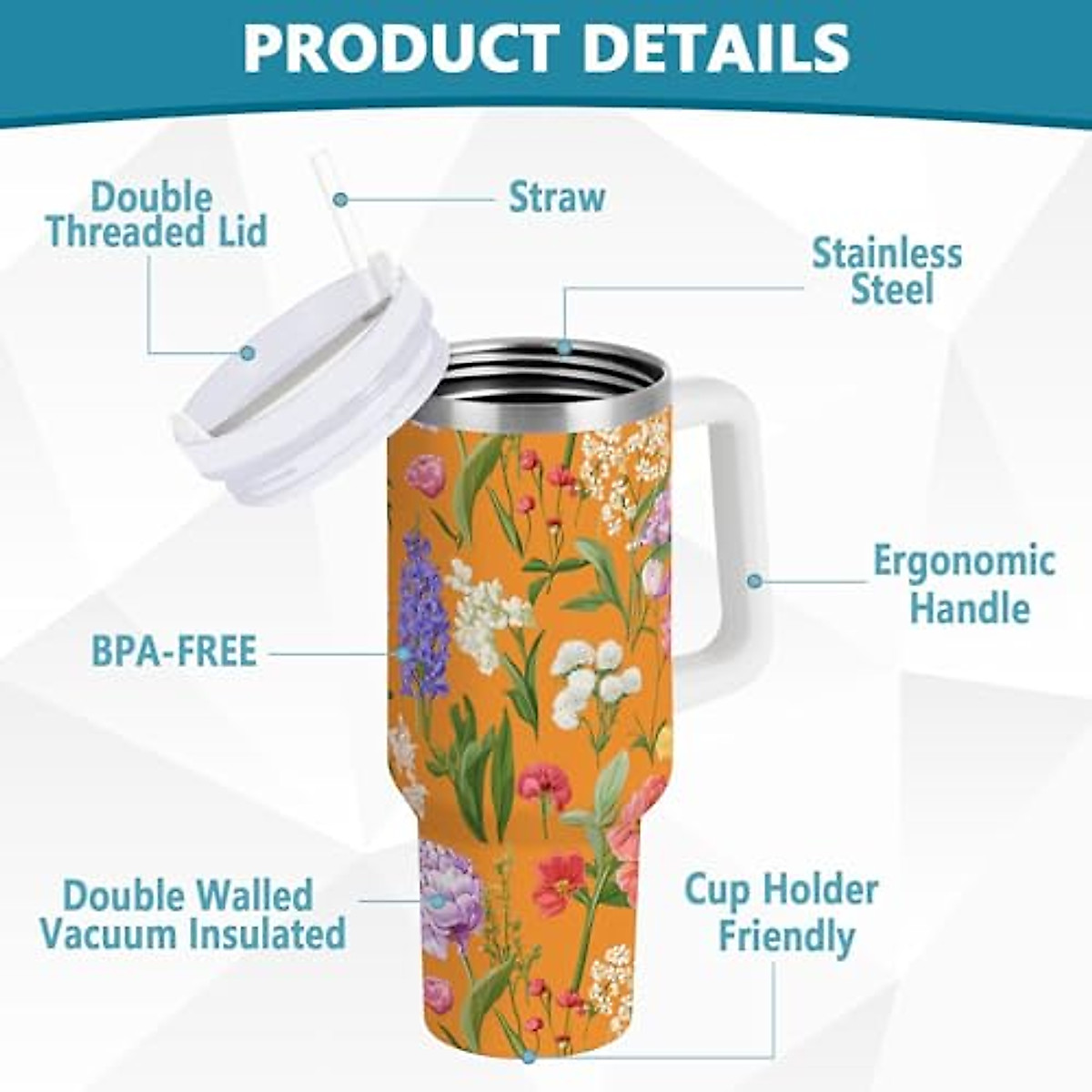 linqin Flower Peony Orange Vacuum Tumbler Insulated with Straw Lid 30 oz Water Bottle with Handle Reusable Mug with Handle for Water, Iced Tea or Coffee