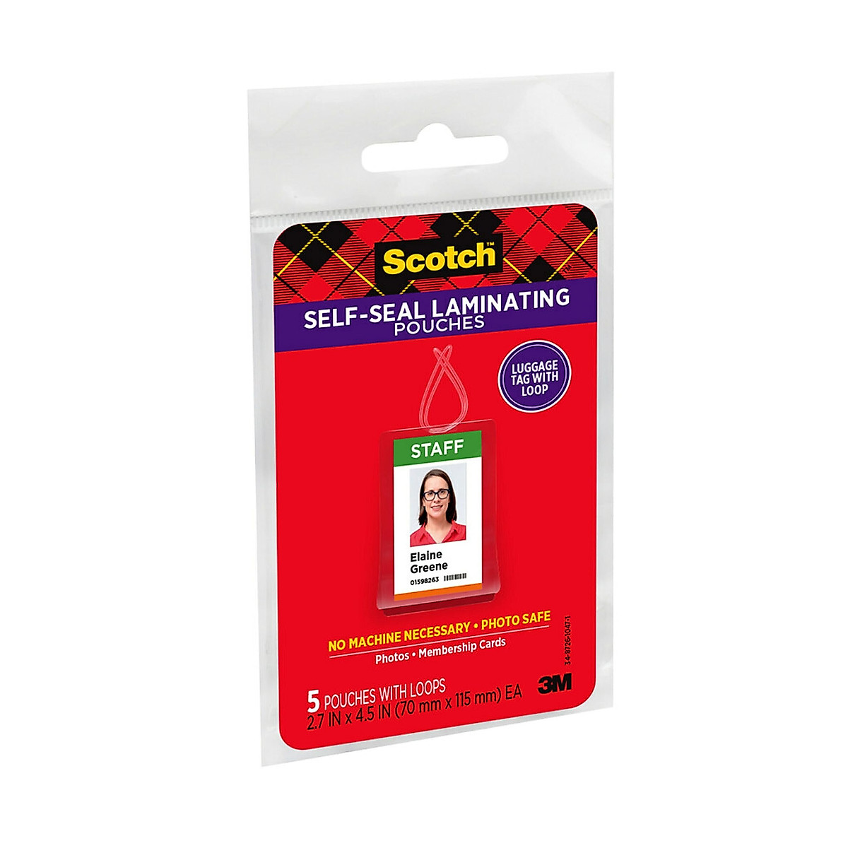 3M Scotch Self-Sealing Laminating Pouches, Bag Tags with Loops, Glossy, 5 Pouches (LS853-5G)