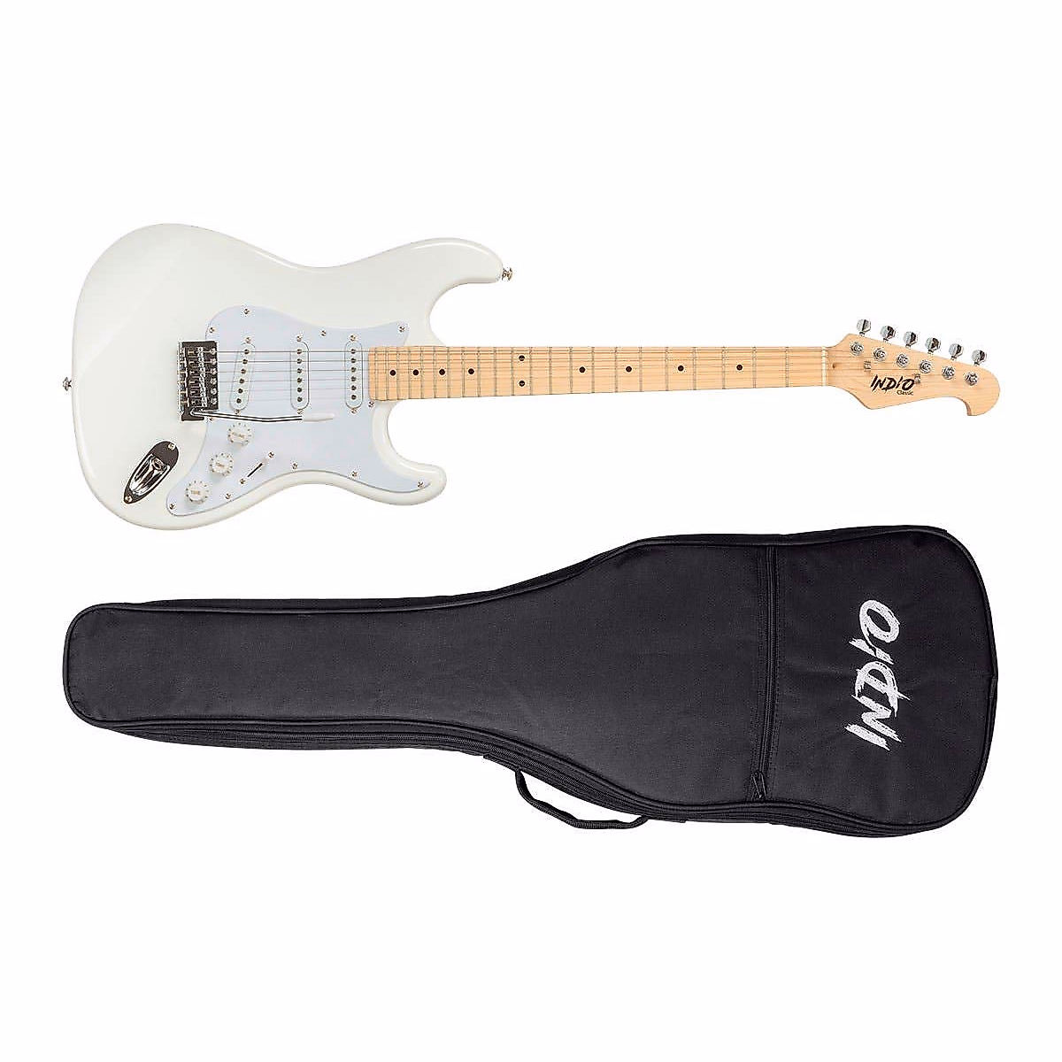 Monoprice Cali Classic Electric Guitar - White, 6 Strings, Double-Cutaway Solid Body, Right Handed, SSS Pickups, Full-Range Tone, With Gig Bag, Perfect for Beginners - Indio Series