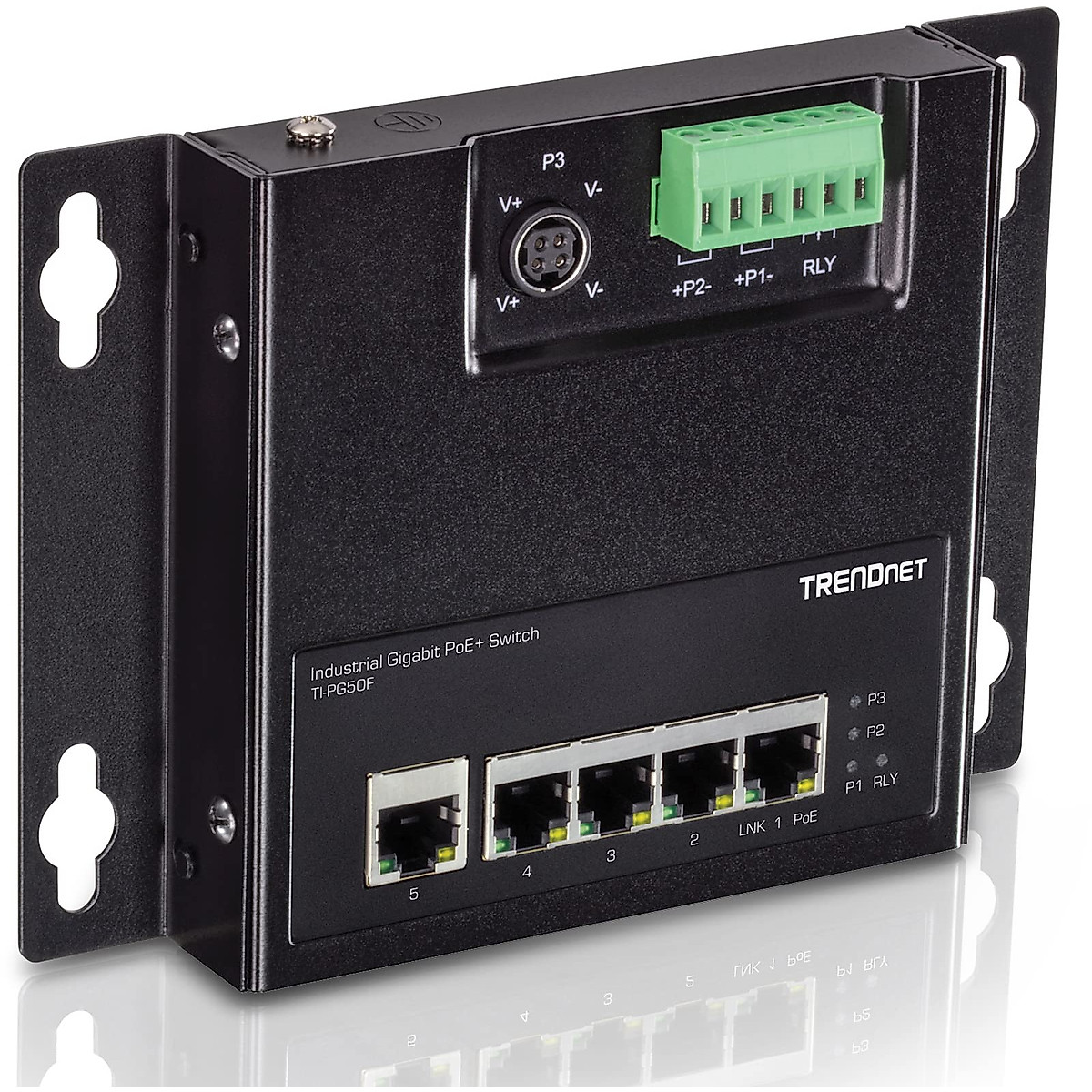 TRENDnet 5-Port Industrial Gigabit Poe+ Wall-Mounted Front Access Switch, 5X Gigabit Poe+ Ports, DIN-Rail Mount, 48 –57V DC Power Input, IP30, 120W Poe Budget,Lifetime Protection, TI-PG50F