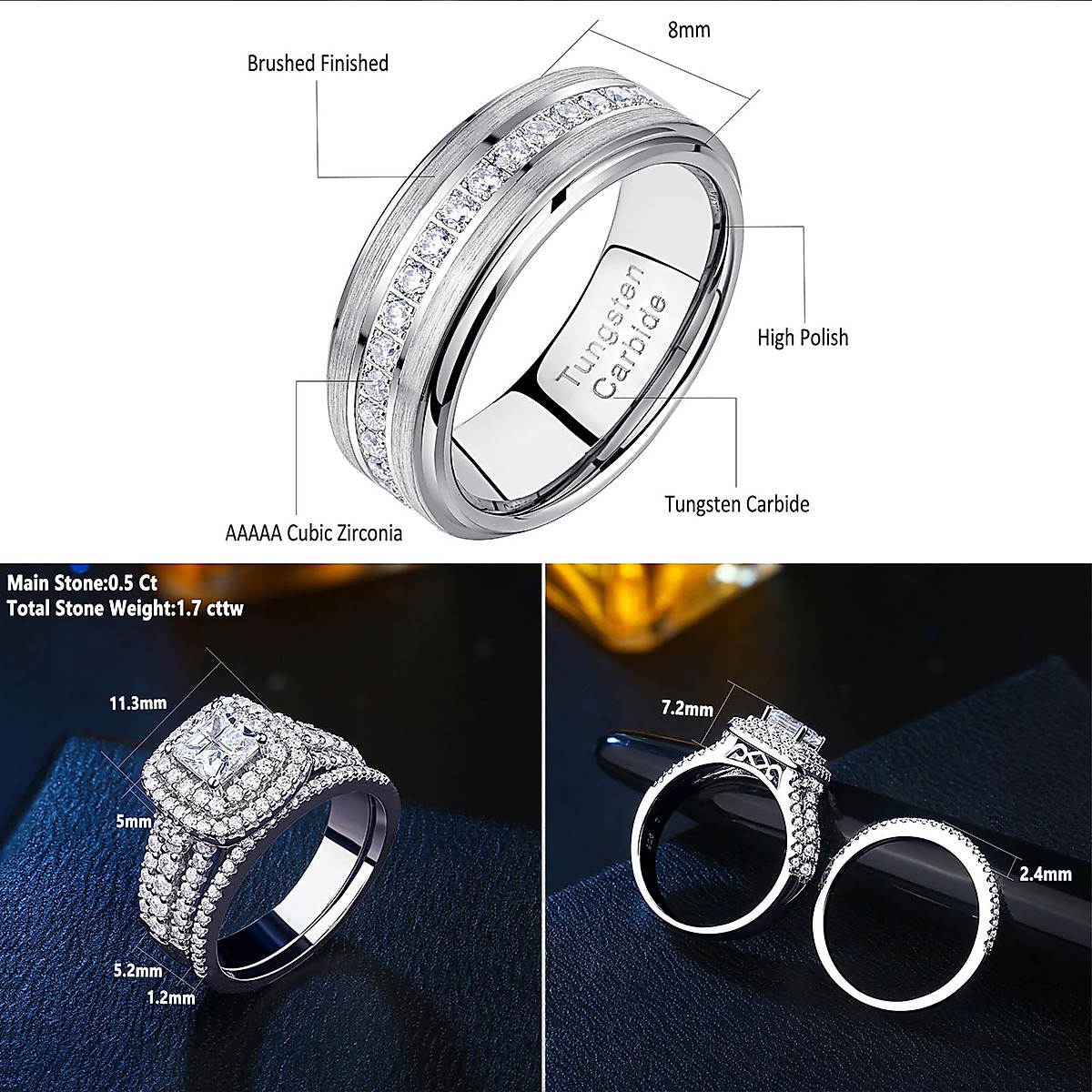 Newshe Wedding Rings Set for Him and Her Women Mens Tungsten Bands Princess Cz 2.3Ct Sterling Silver 8&10
