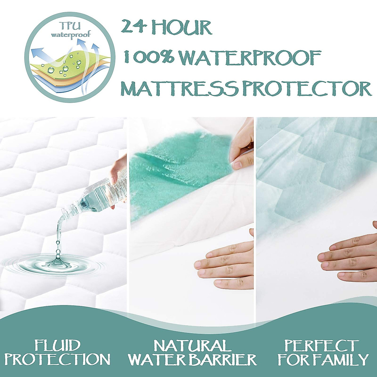 Full Quilted Waterproof Mattress Pad Cover,Soft Mattress Pad Cover, Waterproof Mattress Protector Stretches up to 16” Deep Pocket-Hollow Alternative Filling-Cooling Mattress Topper