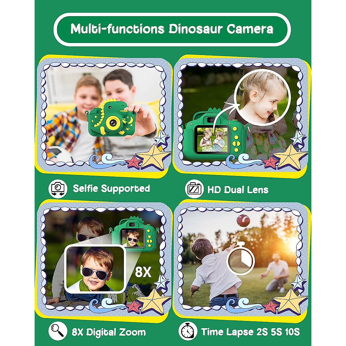 Kids Camera, Dinosaur Toddler Digital Camera for Ages 3-12 Boys Girls Childrens, Christmas Birthday Gifts, Selfie 1080P HD Video Camera for 3 4 5 6 7 8 9 Years Old Boys Girls Toys Gifts