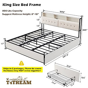 T4TREAM King Bed Frame with Storage Upholstered Headboard and 4 Drawers, Farmhouse Metal Platform Bed w/LED Lights & Charging Station, Stable & Easy Assembly, No Box Spring Needed, Antique White