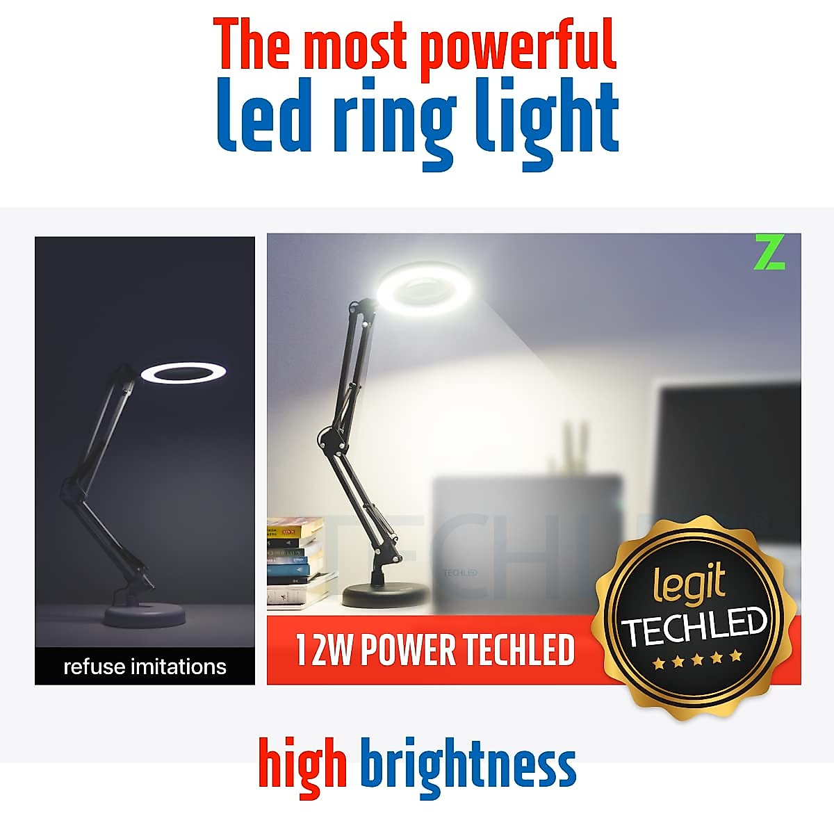 TECHLED Magnifying Glass with Light and Stand, Desk Ring Light, 3 Color Modes Stepless Dimmable, Desk Lamp, Clamp Light, Office Desk Lamp for Close Work, Repair, Reading, 12w, Adjustable Desk Lamp