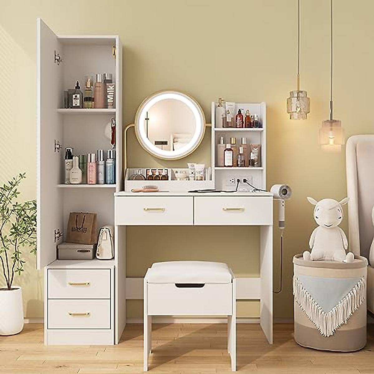 White Vanity Desk with Mirror and Lights & Full Length Mirror, Vanity Mirror with Lights Desk and Chair & Charging Station, 4 Drawers and Lots Storage Shelves