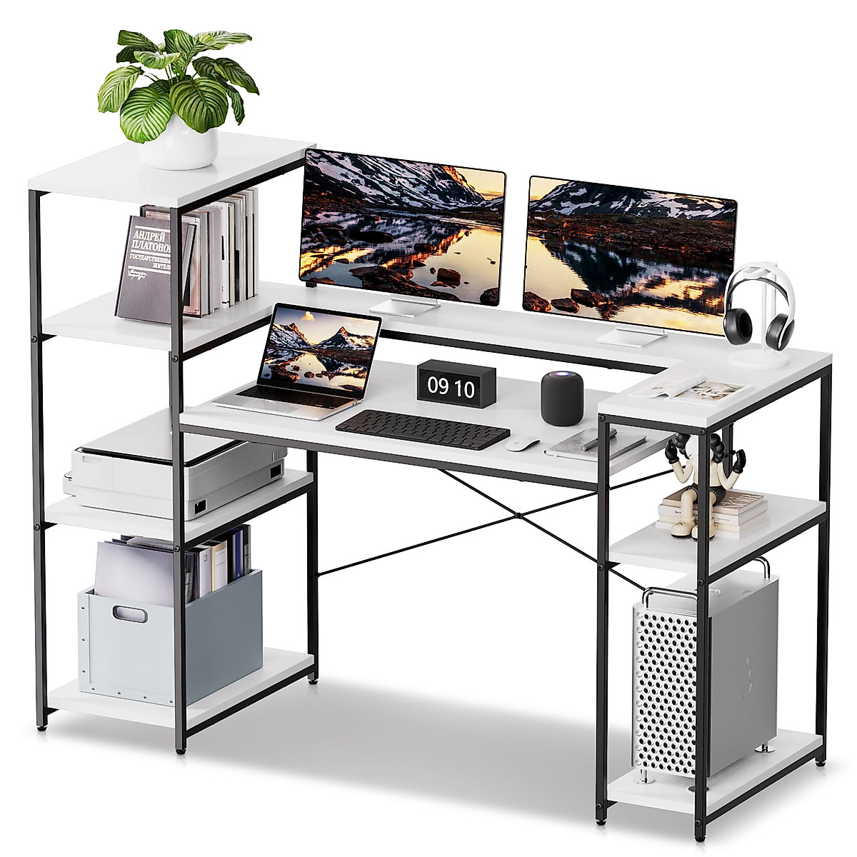 HYPIGO White Computer Desk with Printer Shelf, 63 Inch Industrial Office Desk with Storage Shelves, Writing Workstation with Bookshelf, Study Table for Home Office