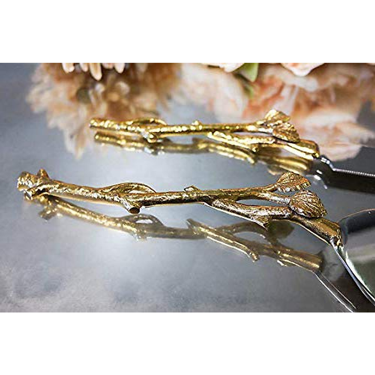 Le'raze 2 Piece Gold-leaf (twig) Cake Server Set. 1 Cake Knife and 1 Cake Server. Leaf Design 2 Tone Made of Stainless Steel and Brass. Ideal for Weddings, parties, Elegant Events
