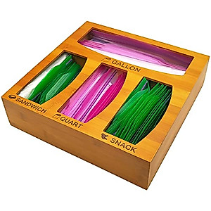 Prolee Ziplock Bag Organizer Bamboo for 4 Size Bags, Gallon, Quart, Sandwich & Snack, Food Storage Bag Organizer
