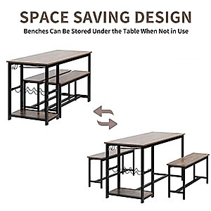 soges 3 Pieces Dining Table Set for 4, Dinner Table Set with 2 Benches, Rustic Wood Breakfast Table Set with Wine Rack and Glass Holder, Nesting Dinette Set for Kitchen Dining Room
