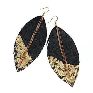 Bohemian Feather Dangle Earrings Leather Long Fashion Earrings for Women Girls-Black Gold