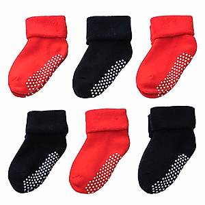 Positif Grip Thick Warm Socks- 6 Pairs Baby Toddler Infant Kids boys Girls Anti Skid/Non Slip (3 Red 3 Black, 1-3Years)