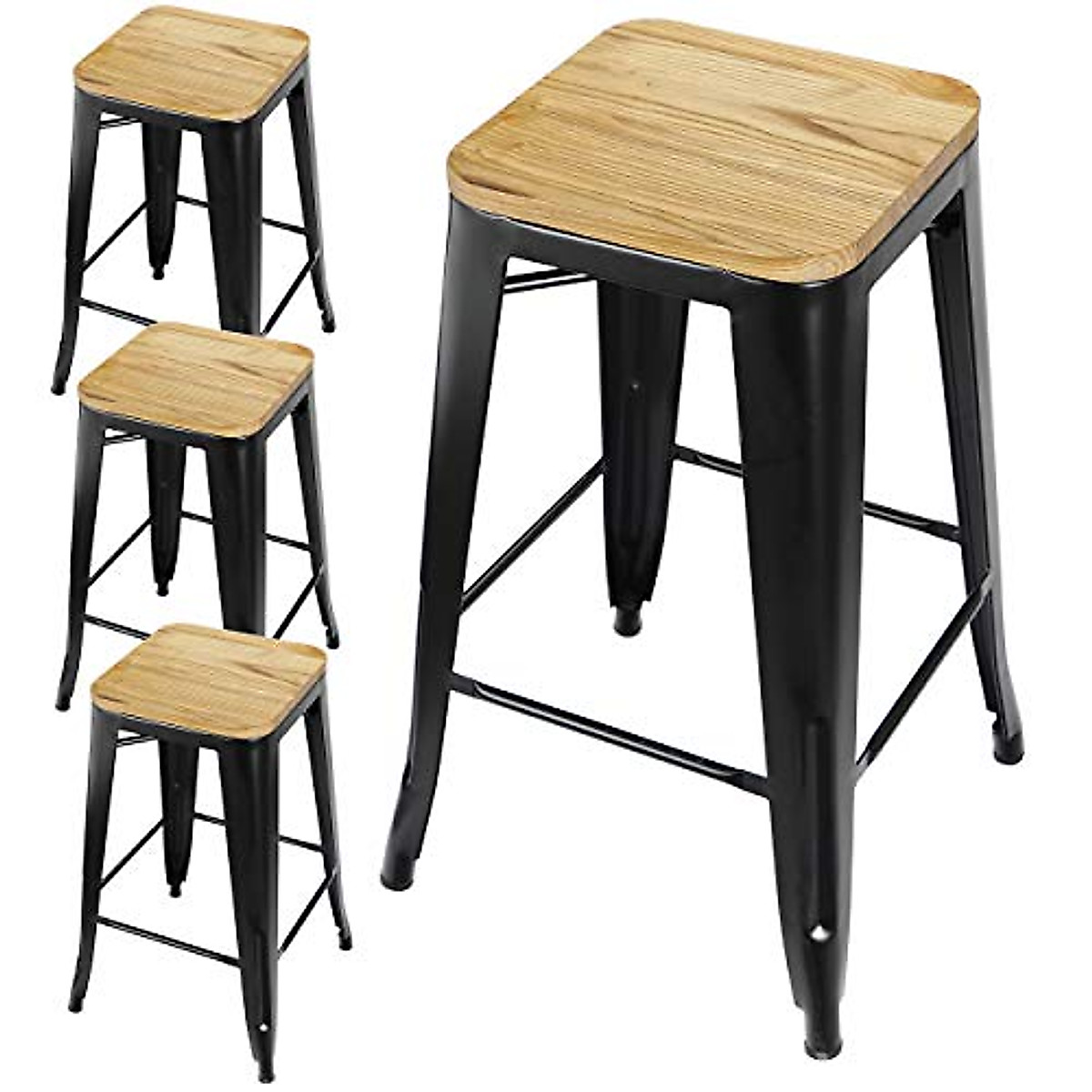 ZENY Set of 8 Metal Bar Stools 26" Counter Height with Wooden Seat Stackable Indoor/Outdoor Barstools, 330 lbs Capacity