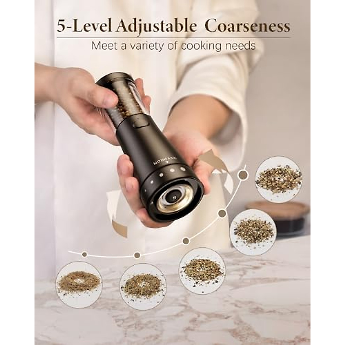 Electric Salt and Pepper Grinder Set with 4.5oz Large Capacity, Stainless Steel Rechargeable Salt and Pepper Grinder with 1.8" Wide Mouth, Storage Base,Adjustable Coarseness, and One-Hand Operation
