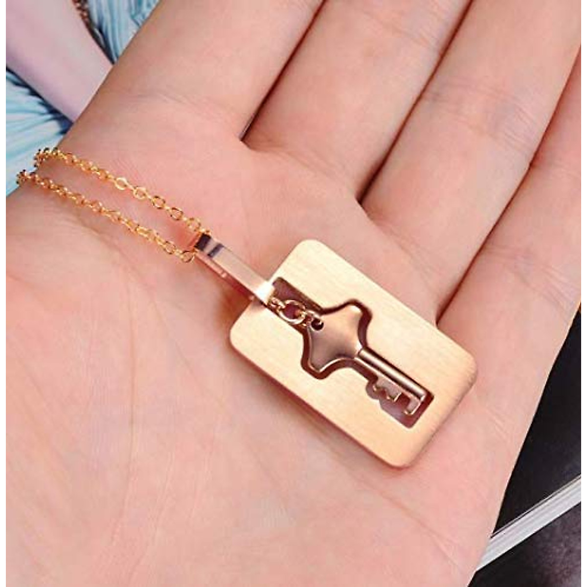 JRjewelry His and Hers Korean Style Rosegold Stainless Steel Hold The Key to My Heart Forever Lock Bangle Bracelet and Key Pendant Necklace Set-BR399
