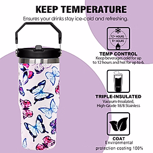 Butterfly Tumbler with Handle and Straw, Stainless Steel Vacuum Insulated Flip Straw 30 oz Pink Butterfly Tumbler Spill Proof Coffee Travel Mug Butterfly Gifts for Women