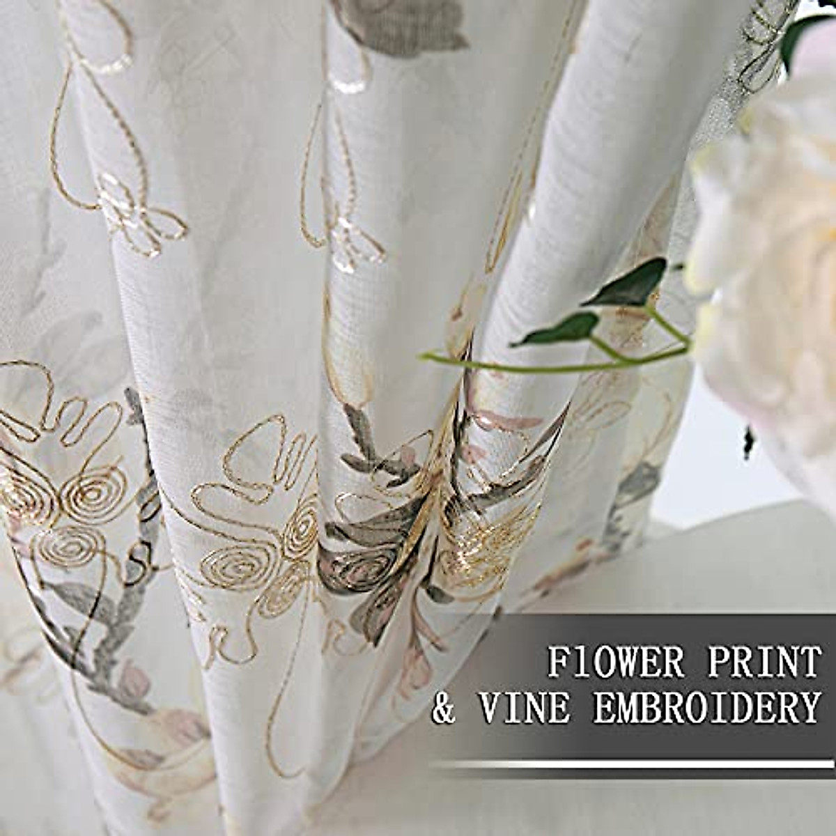 Tollpiz Floral White Sheer Valance Curtains Flower Print Vine Embroidery Bedroom Curtain Valances Rod Pocket Voile Window Curtains for Living Room, 54 x 16 inches Long, Set of 1 Panel