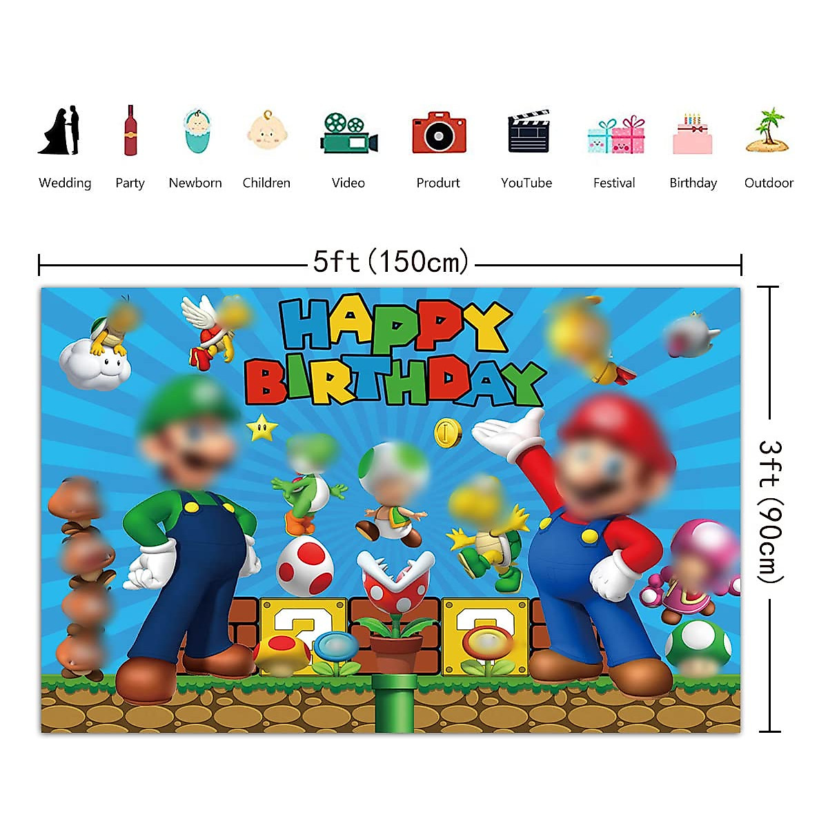 Super Brother Happy Birthday Backdrop Video Adventure Game Children Boy Photo Theme Party Decorative Shooting Gold Coin Mushroom Blue Element Prop Banner (5x3FT(150x90cm))