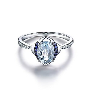 6x8mm Oval Cut Blue Aquamarine Sapphire Halo 14k White Gold Diamond Engagement Ring Wedding Band Size 4-9