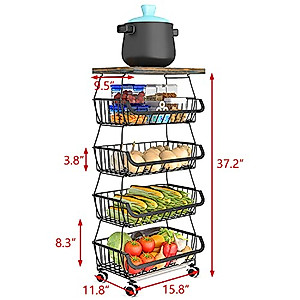BEEY Vegetable Storage Rack with Wood Tabletop 5 Tier Stackable Storage Baskets with Wheels Vegetable Fruit Baskets Utility Cart Rack for Pantry,Garage